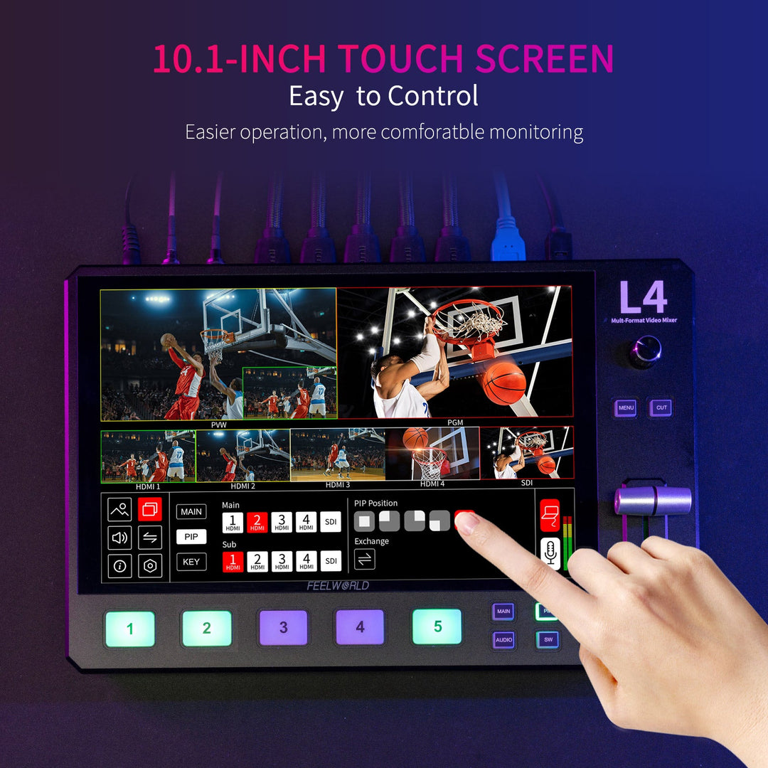 FEELWORLD L4 Multi-camera Video Mixer Switcher 10.1" Touch Screen with ...
